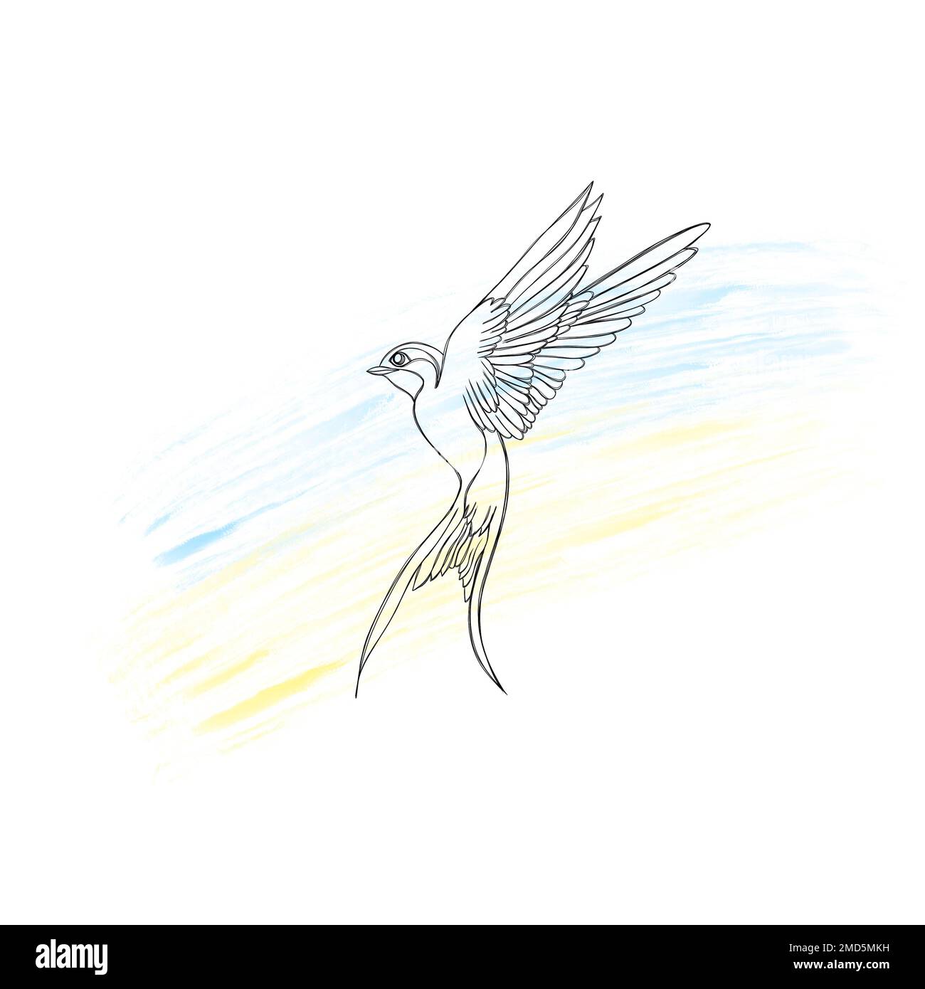Line art illustration of a flying bird and the flag of ukraine. Stop ...