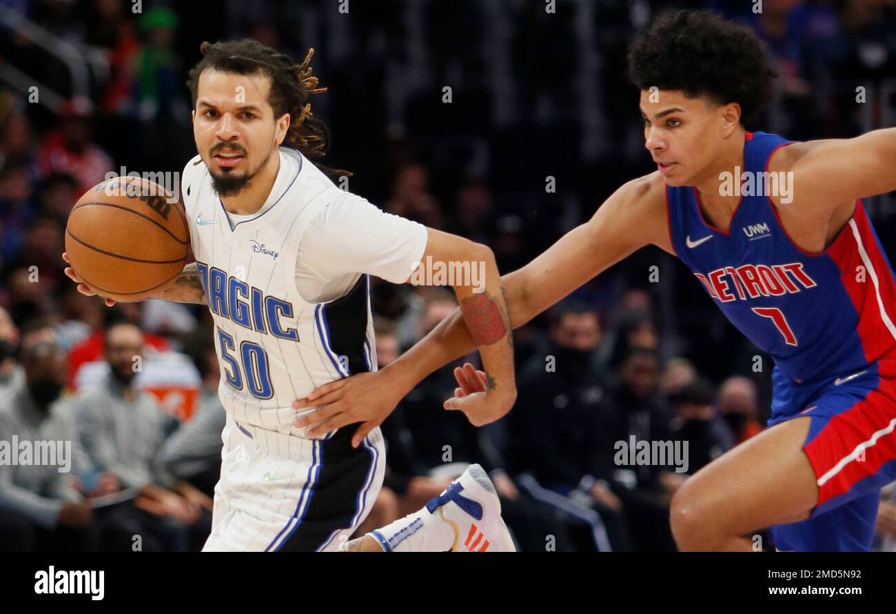 Orlando Magic guard Cole Anthony (50) is pursued by Detroit Pistons ...