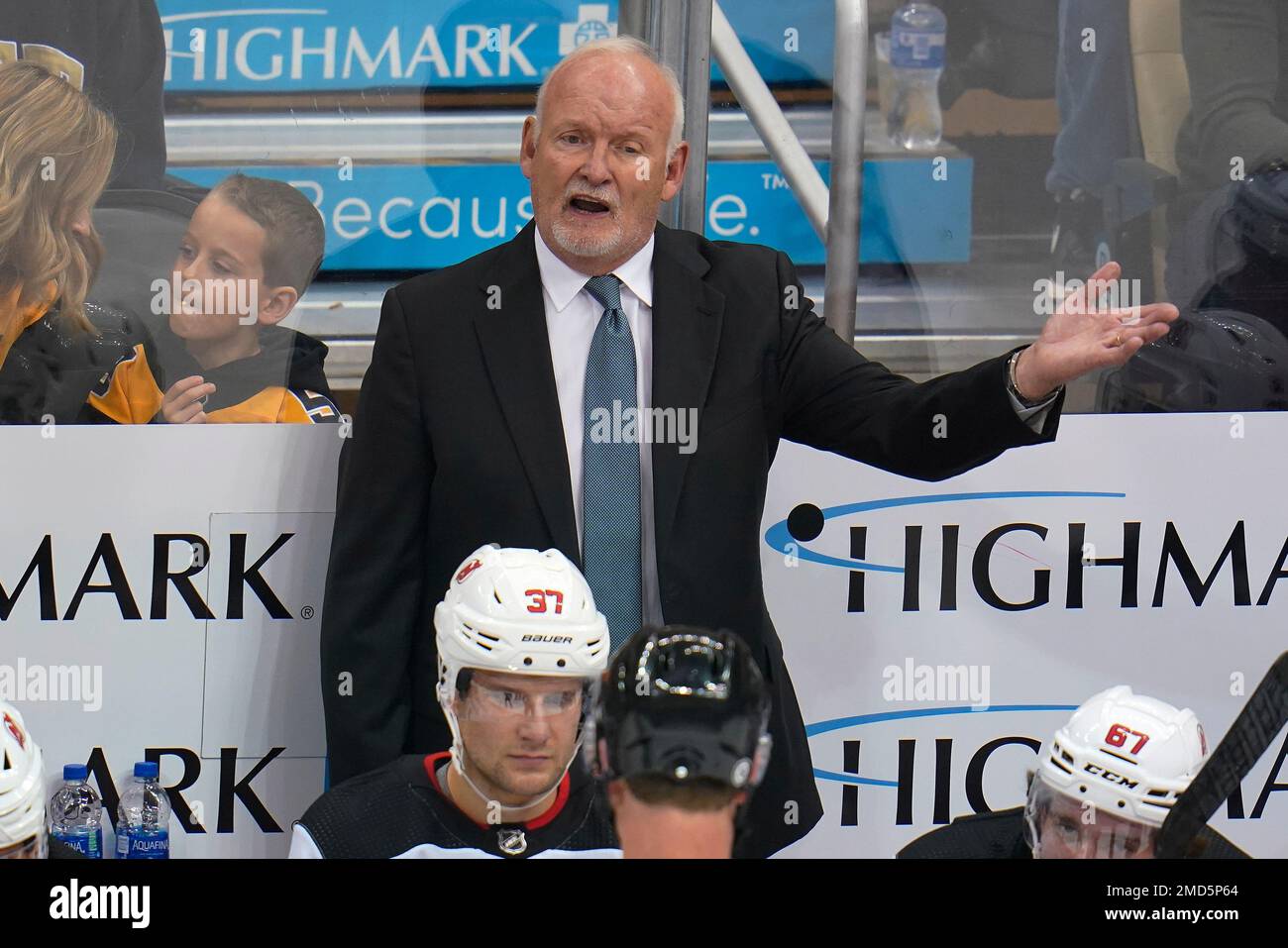 New Jersey Devils head coach Lindy Ruff gestures to an official during ...