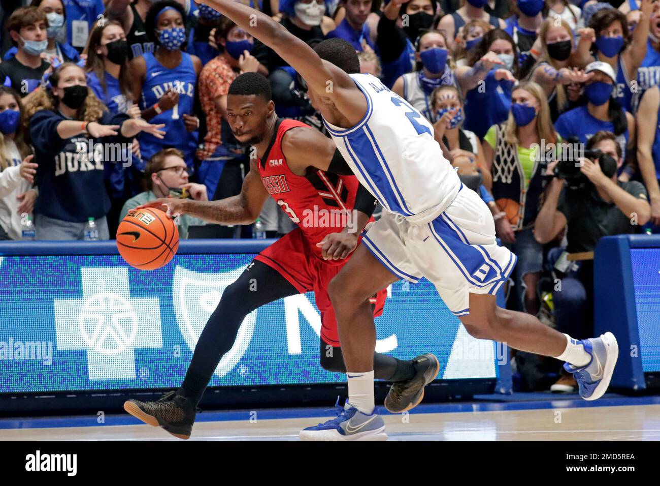 Winston-Salem State guard Cameron Campbell (3) is pressured by Duke ...