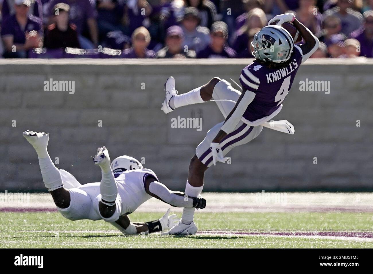 Kansas State wide receiver Malik Knowles (4) is tackled by TCU ...