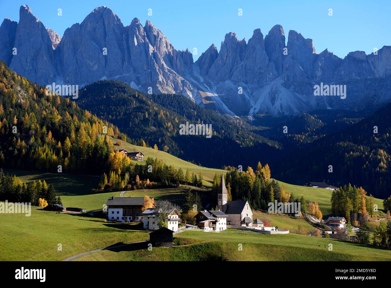 Colorful trees stand around a church at the Dolomites mountains in St ...