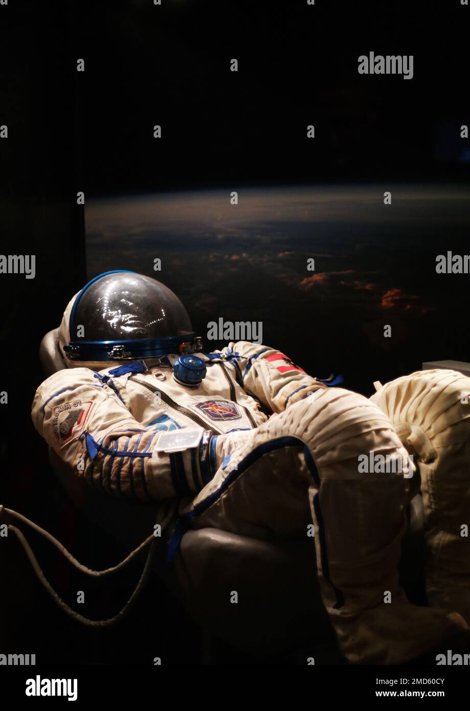Vienna, Austria, Dec. 2019: Soviet Space suit on an armchair in the ...