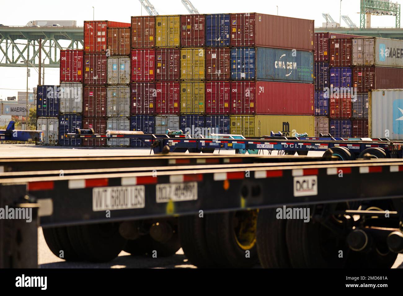 Shipping containers are stacked at Port of Philadelphia, Thursday, Oct ...