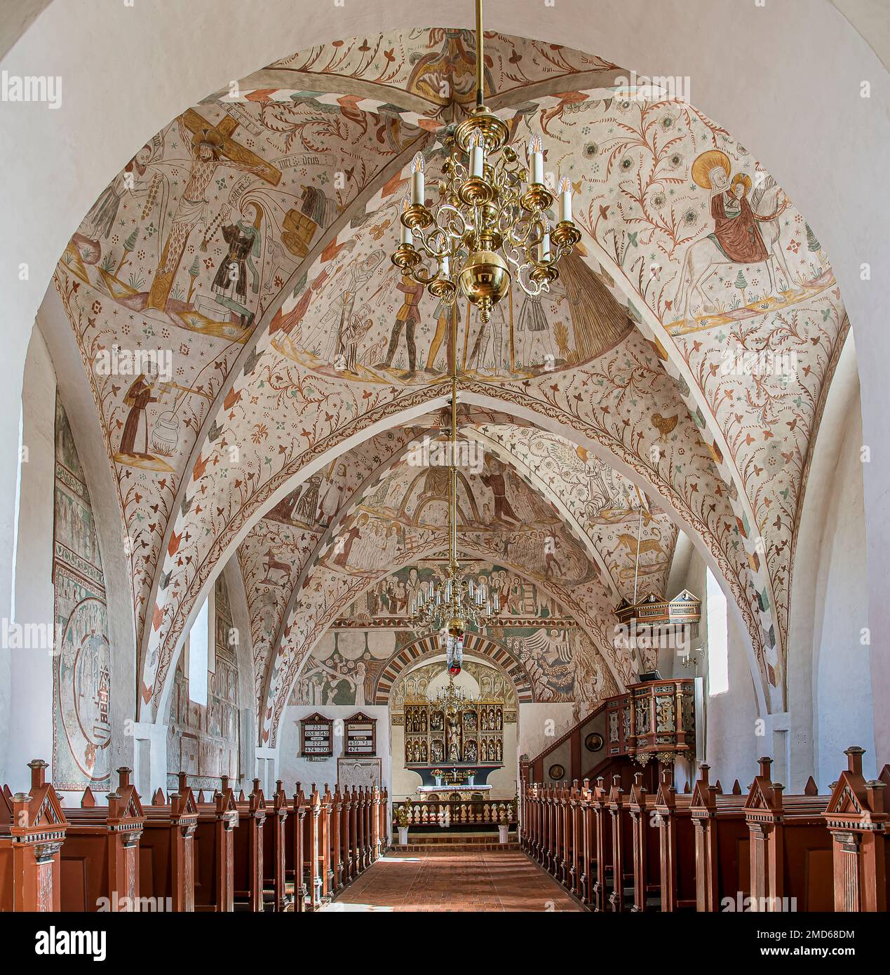 the vaults in Elmelunde church are decorated with ancient gothic murals ...