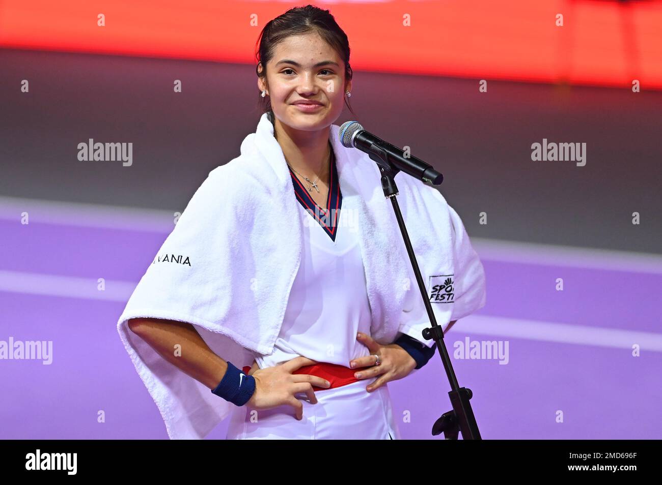 Emma Raducanu, of Britain, smiles after defeating Romania's Ana Bogdan ...