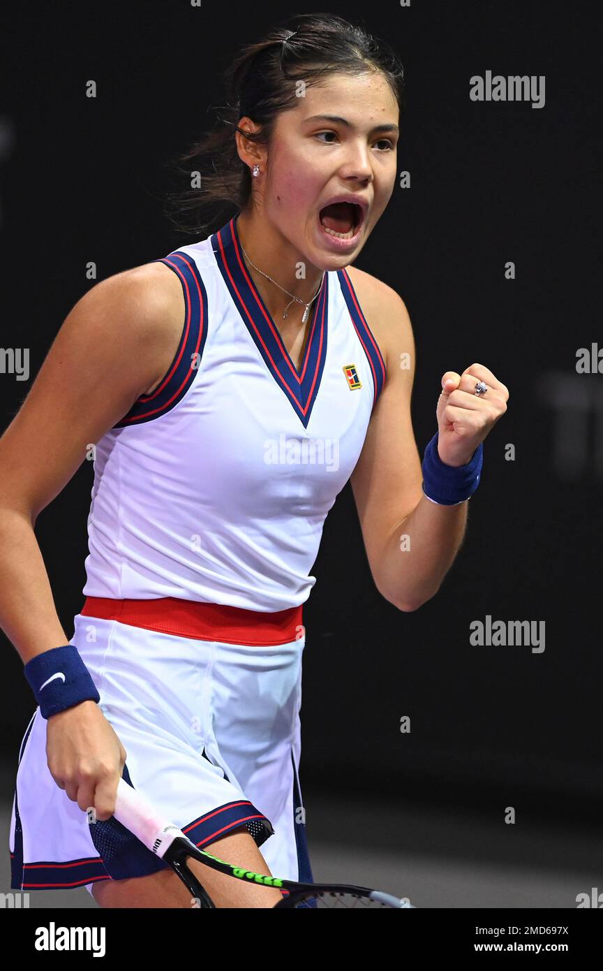 Emma Raducanu, of Britain, celebrates after defeating Romania's Ana ...