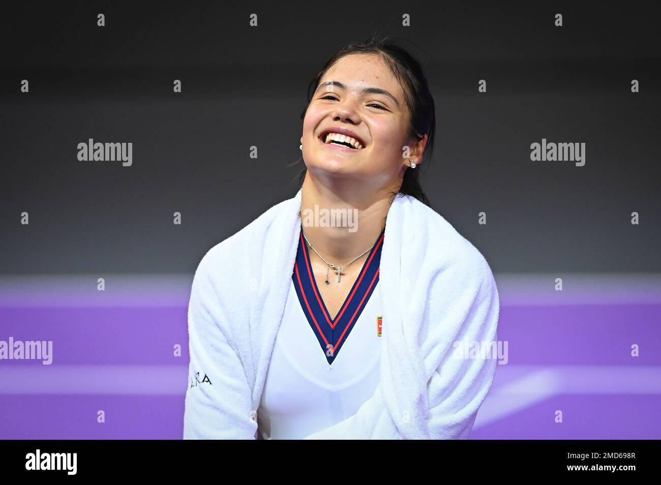 Emma Raducanu, of Britain, smiles after defeating Romania's Ana Bogdan ...