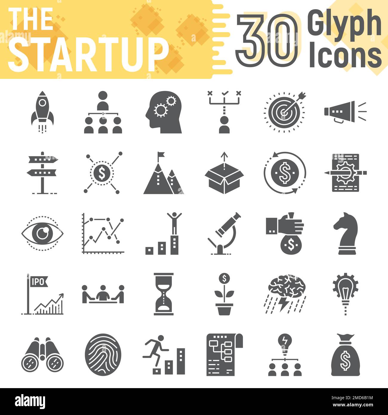 Startup glyph icon set, development symbols collection, vector sketches, logo illustrations ...