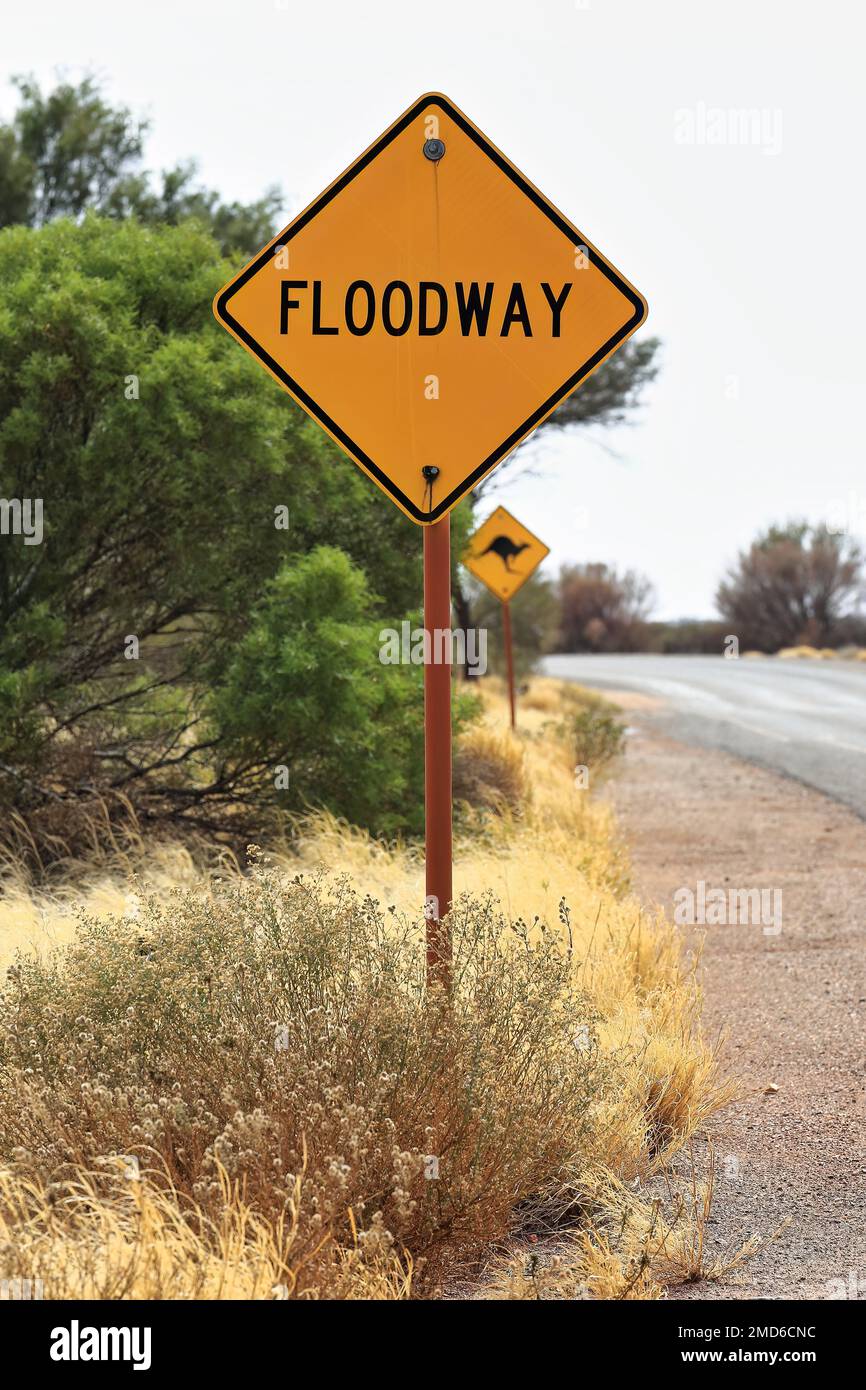 426 W-5-7-1 road sign= black FLOODWAY word on yellow background warning ...