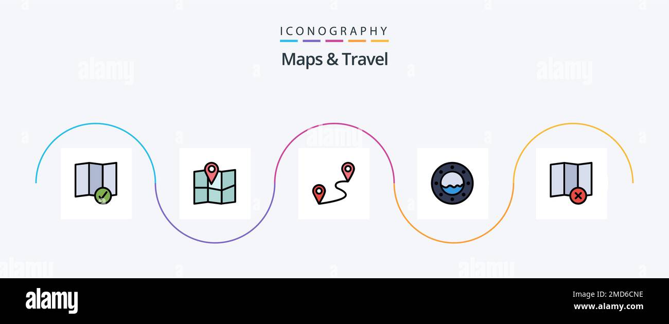 Maps and Travel Line Filled Flat 5 Icon Pack Including . route. map ...
