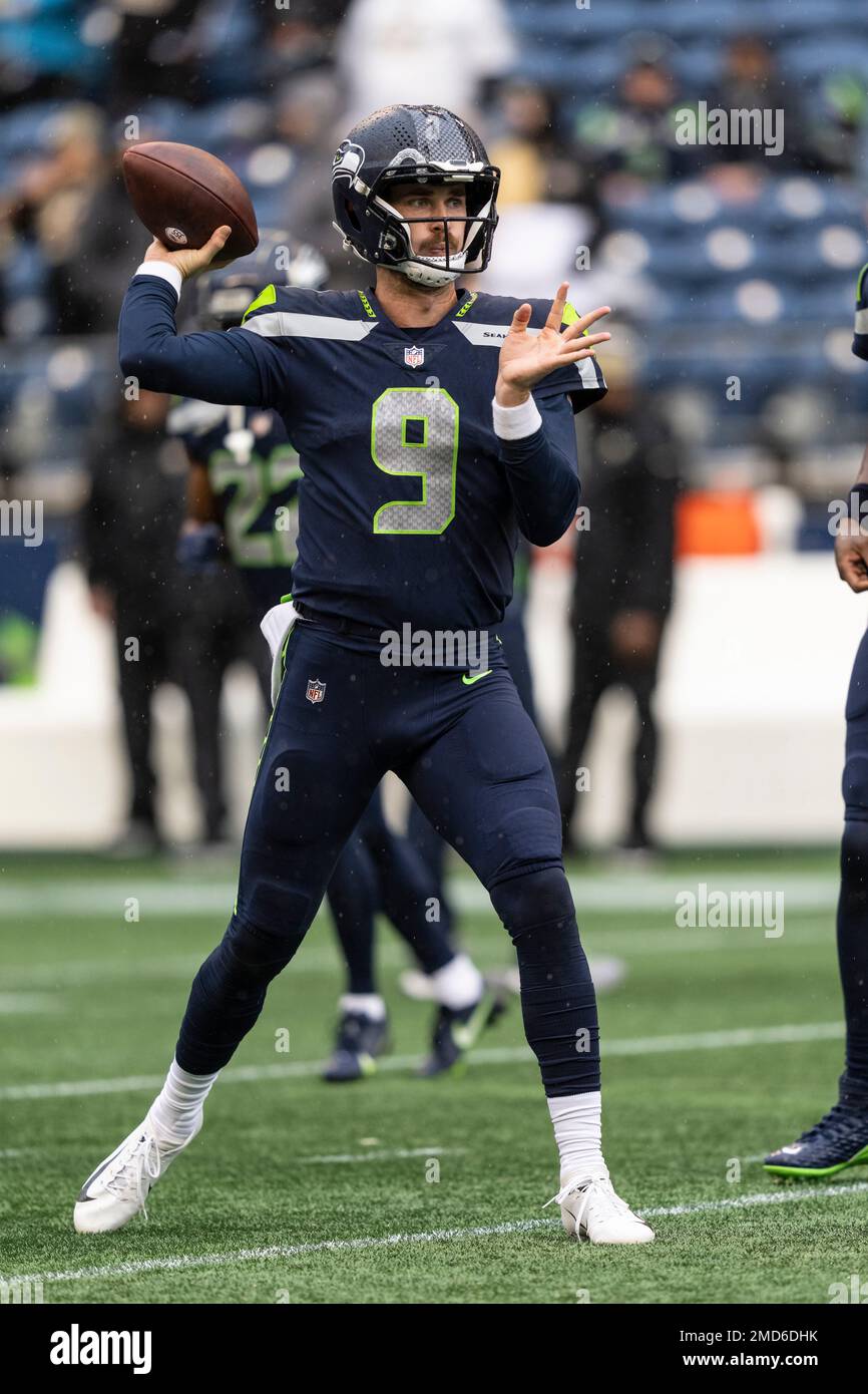 Seattle Seahawks quarterback Jake Luton passes the ball during warmups ...