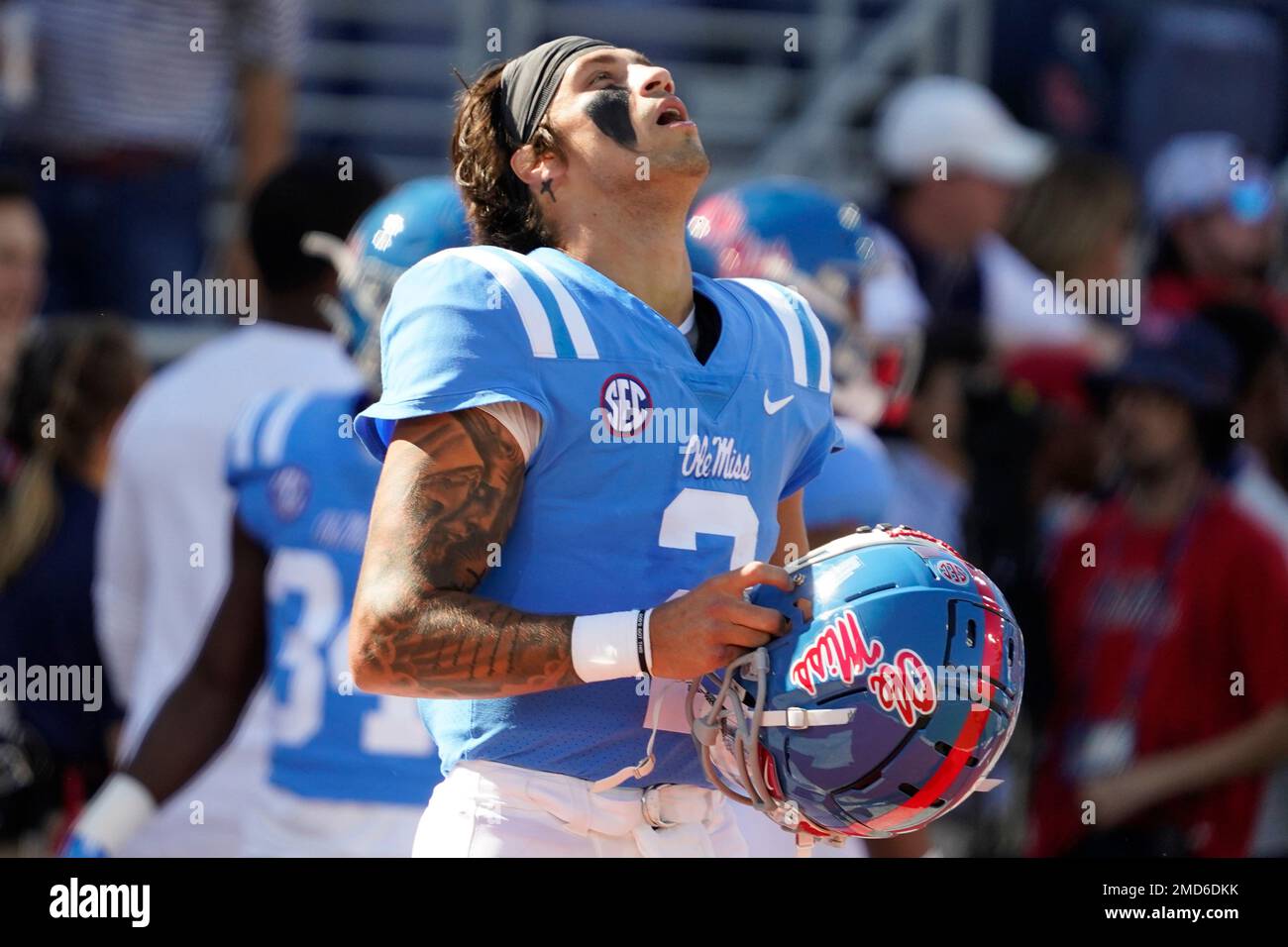 Mississippi quarterback Matt Corral (2) warms up during pregame drills ...