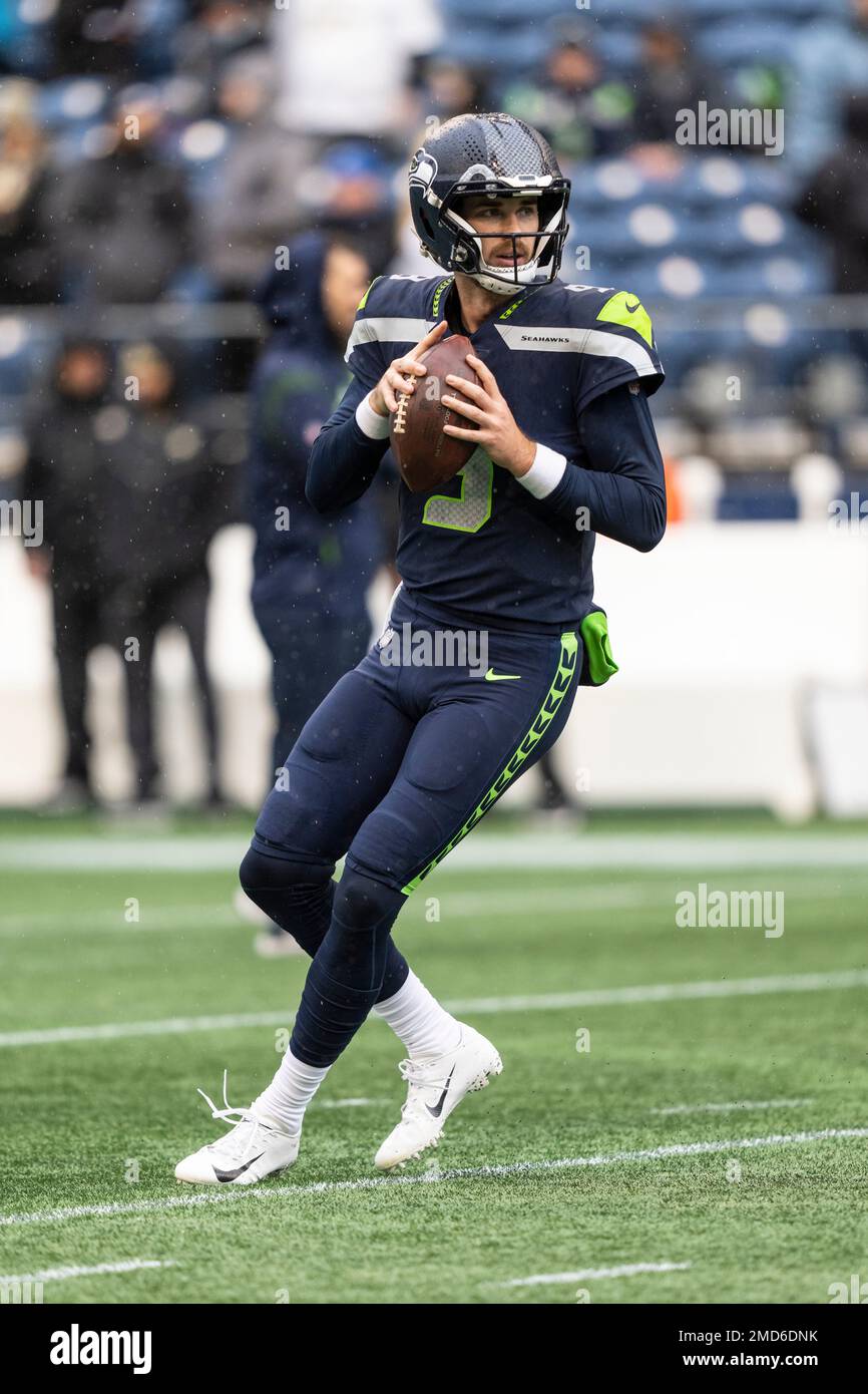 Seattle Seahawks quarterback Jake Luton passes the ball during warmups ...