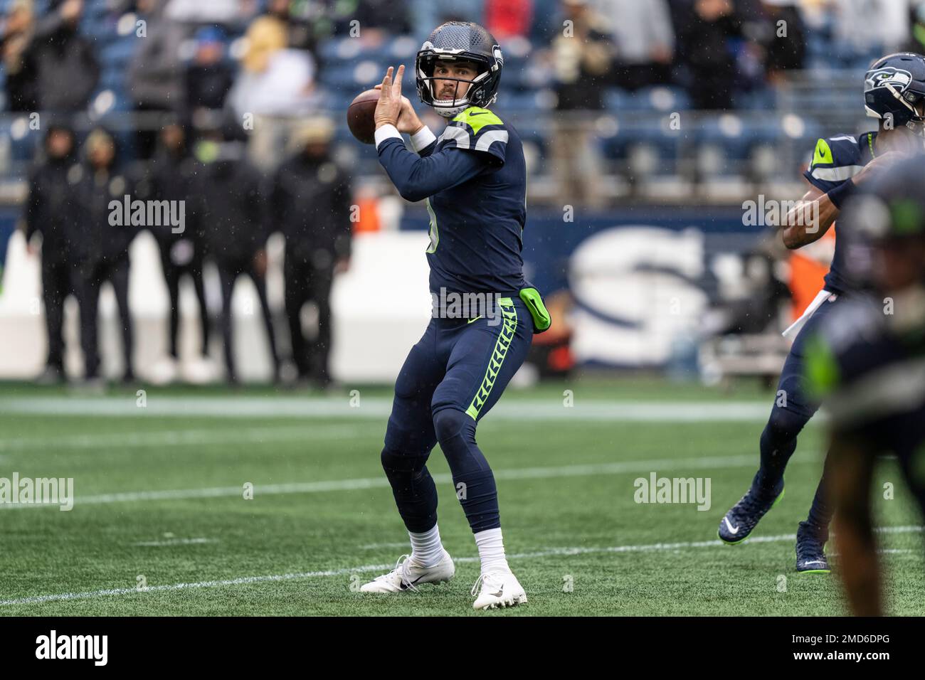 Seattle Seahawks quarterback Jake Luton passes the ball during warmups ...