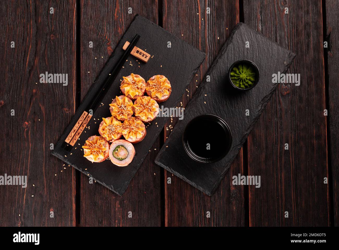 Roll with fish sushi with chopsticks top view - asian food concept ...