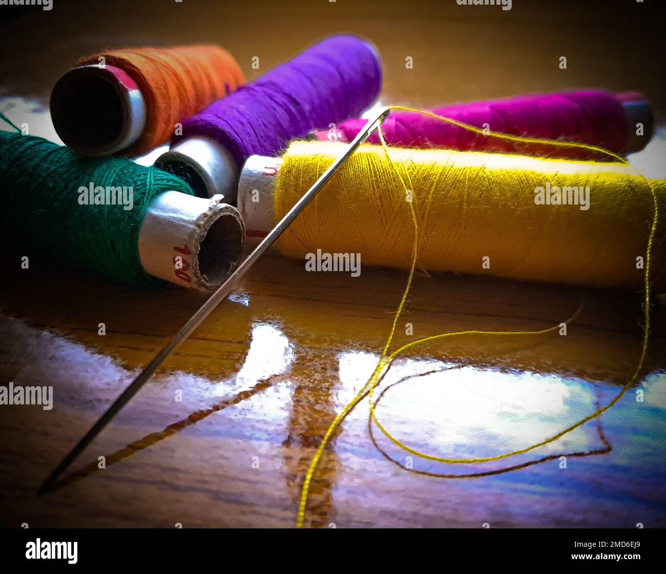 A close up of a needle thread and different color spools - the concept ...
