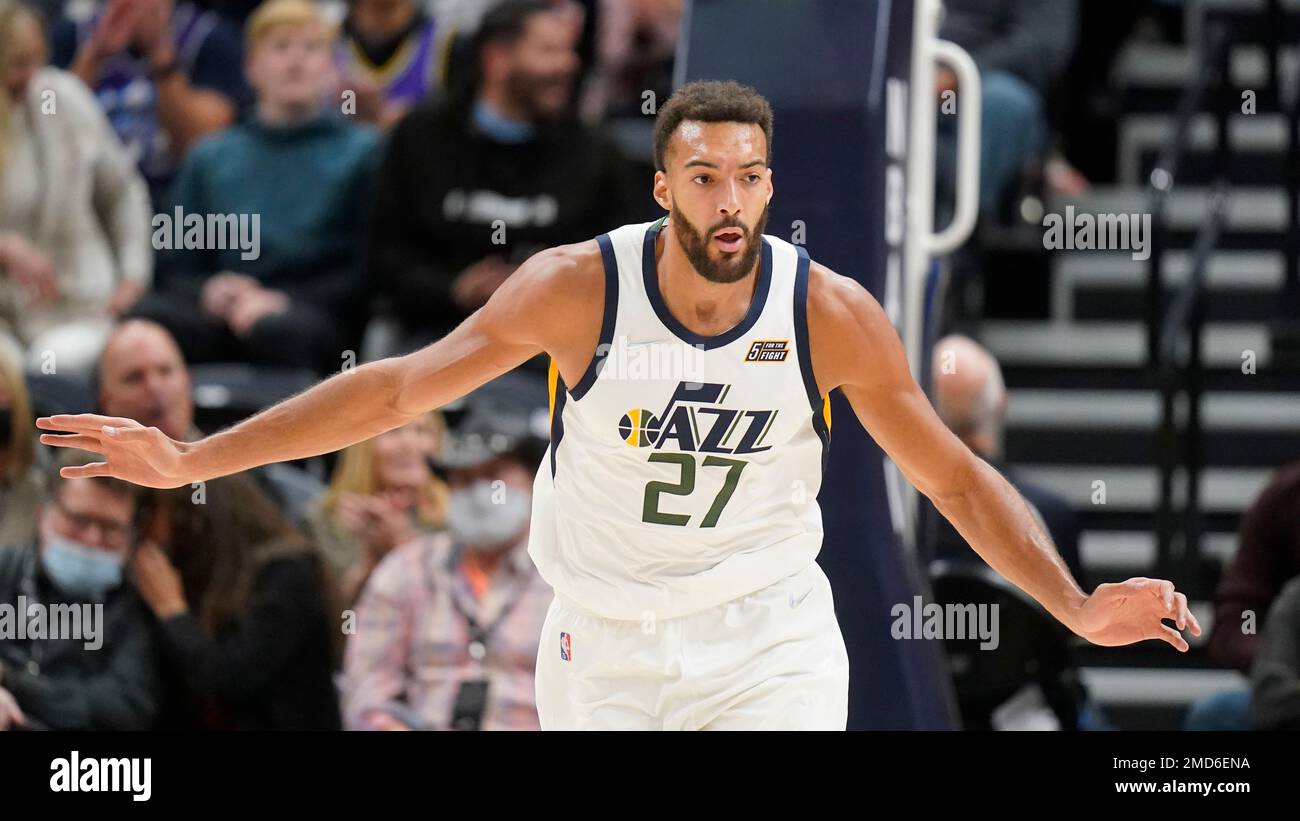 Utah Jazz center Rudy Gobert (27) defends against the Denver Nuggets in ...