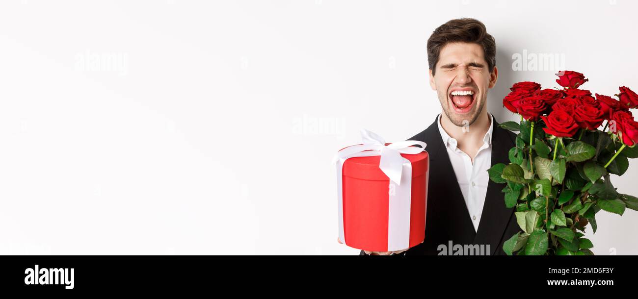 Image of sad guy in suit, got rejected and crying, holding bouquet of ...