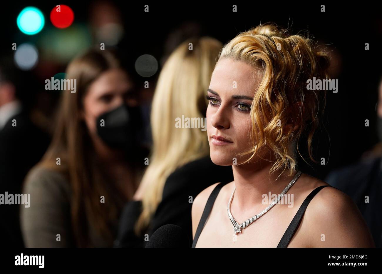 Kristen Stewart, the star of "Spencer," is interviewed at the premiere ...