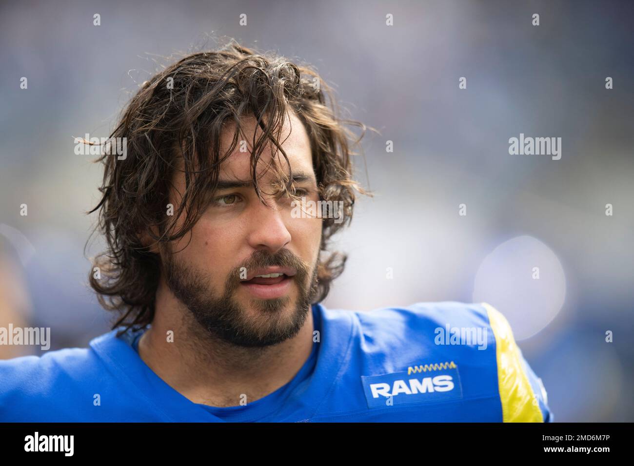 Los Angeles Rams long snapper Matthew Orzech (42) with his helmet off ...