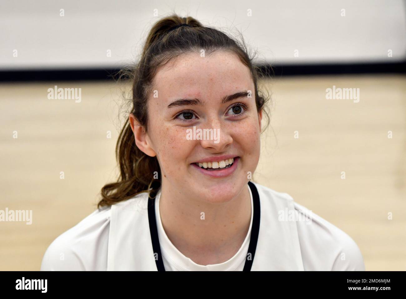 Louisville guard Payton Verhuist (12) answers questions during the team ...