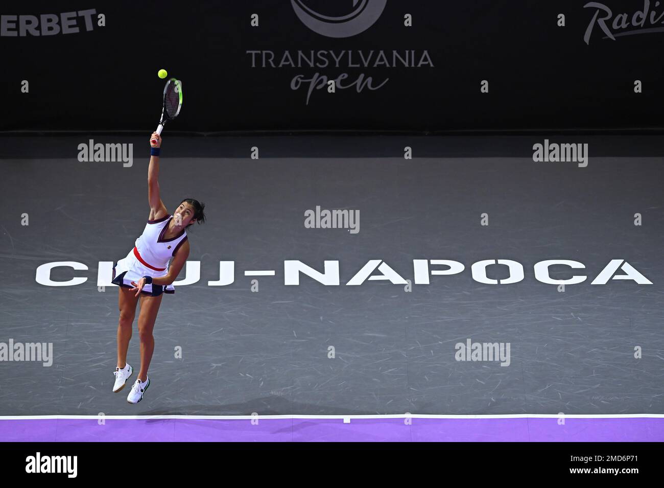 Emma Raducanu, of Britain, serves to Polona Hercog of Slovenia at the ...