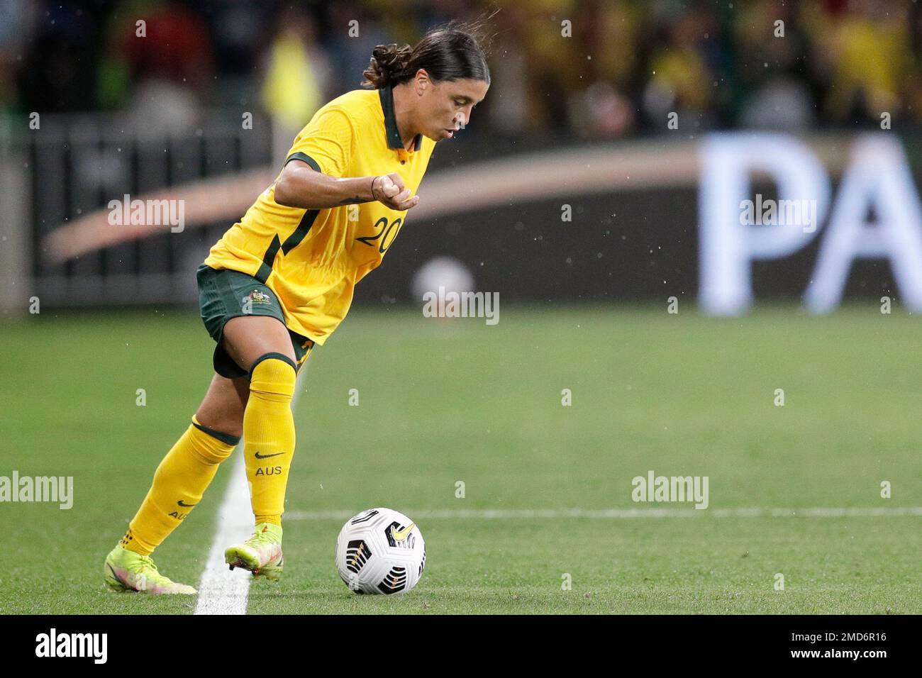 Australia's Sam Kerr kicks the ball during their friendly soccer match ...
