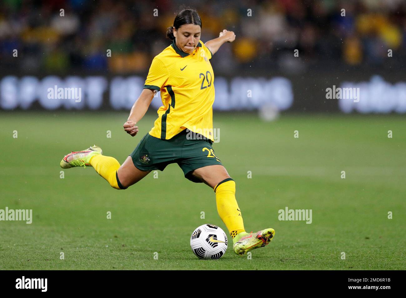 Australia's Sam Kerr kicks the ball during their friendly soccer match ...