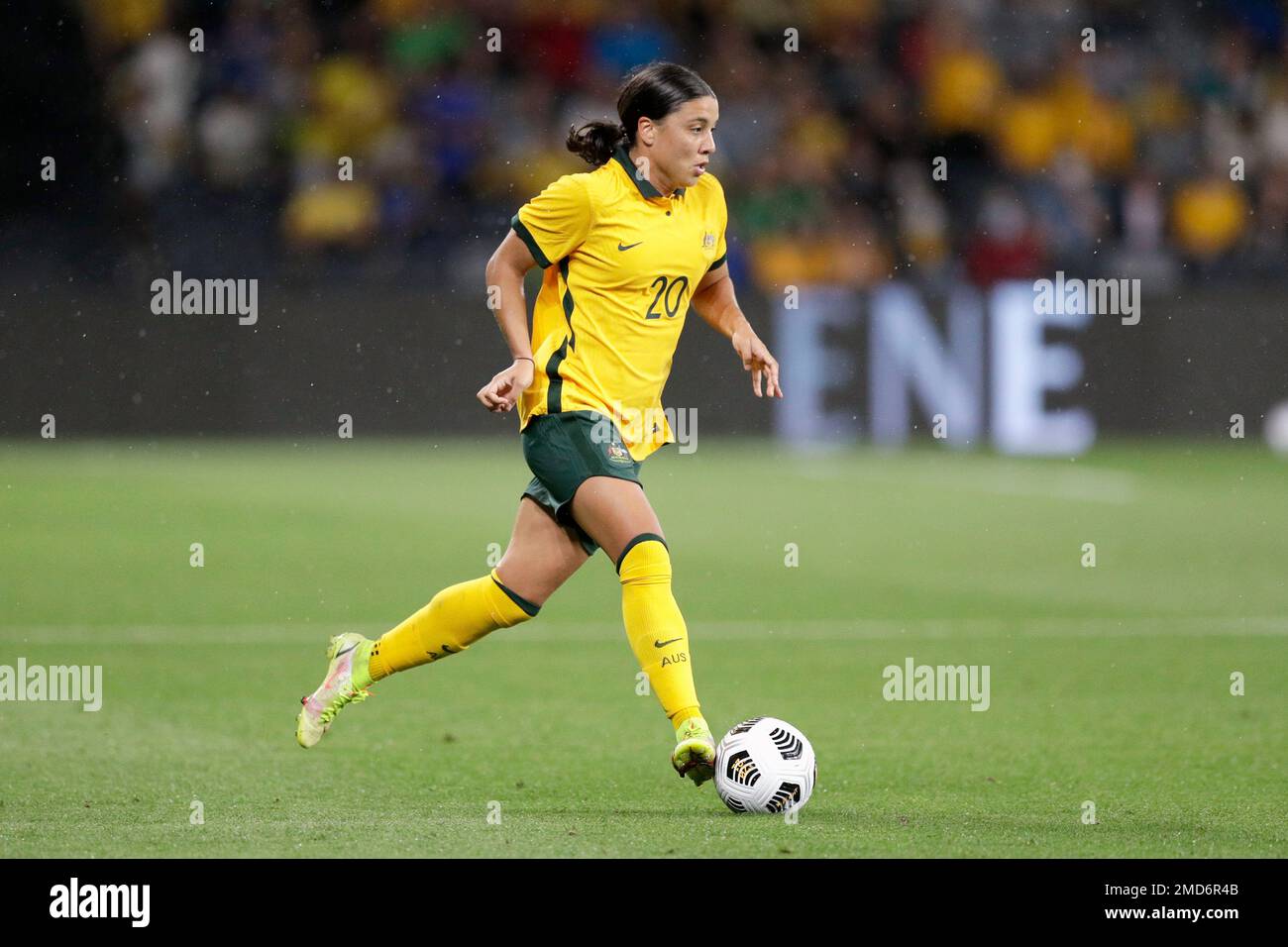 Australia's Sam Kerr kicks the ball during their friendly soccer match ...