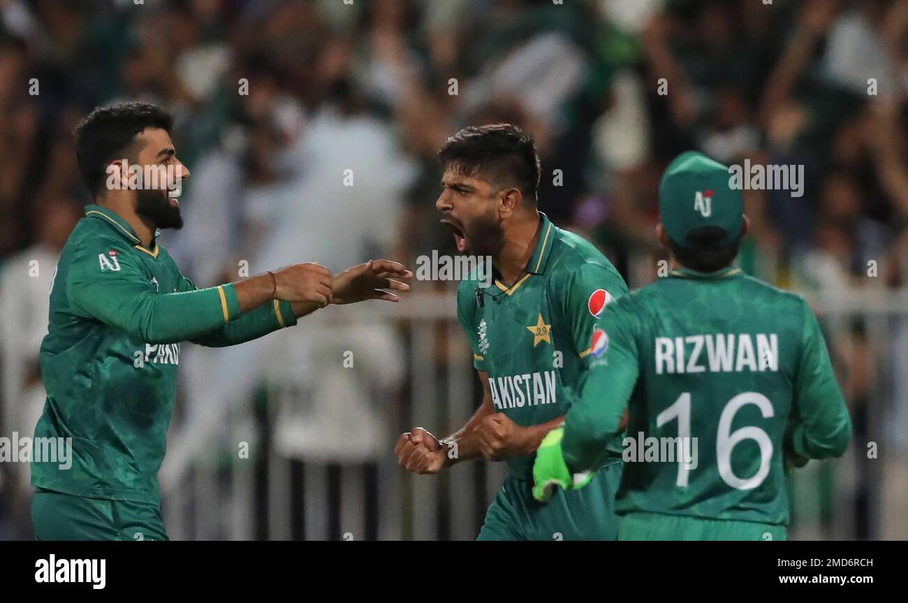 Pakistan's Haris Rauf, without cap, celebrates the dismissal of New ...