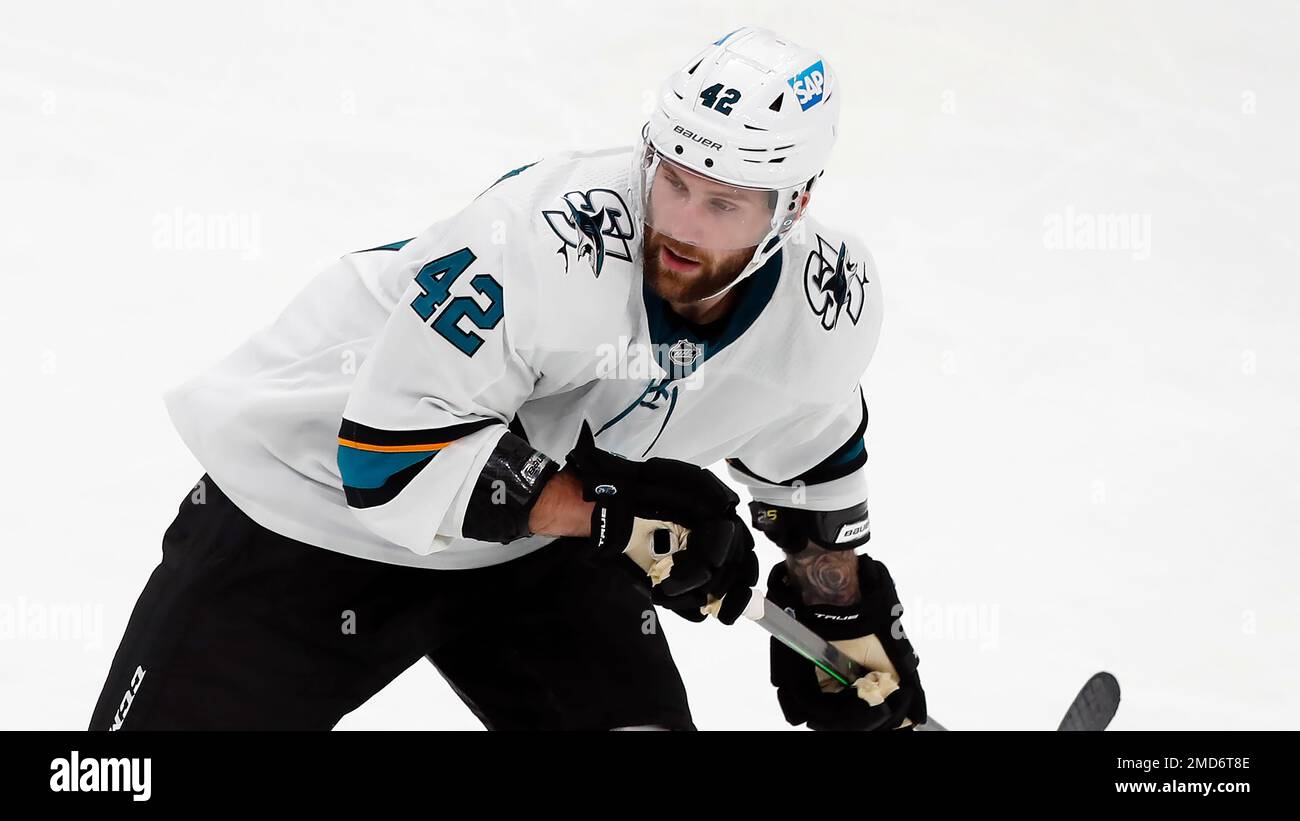 San Jose Sharks' Jonah Gadjovich plays against the Boston Bruins during ...