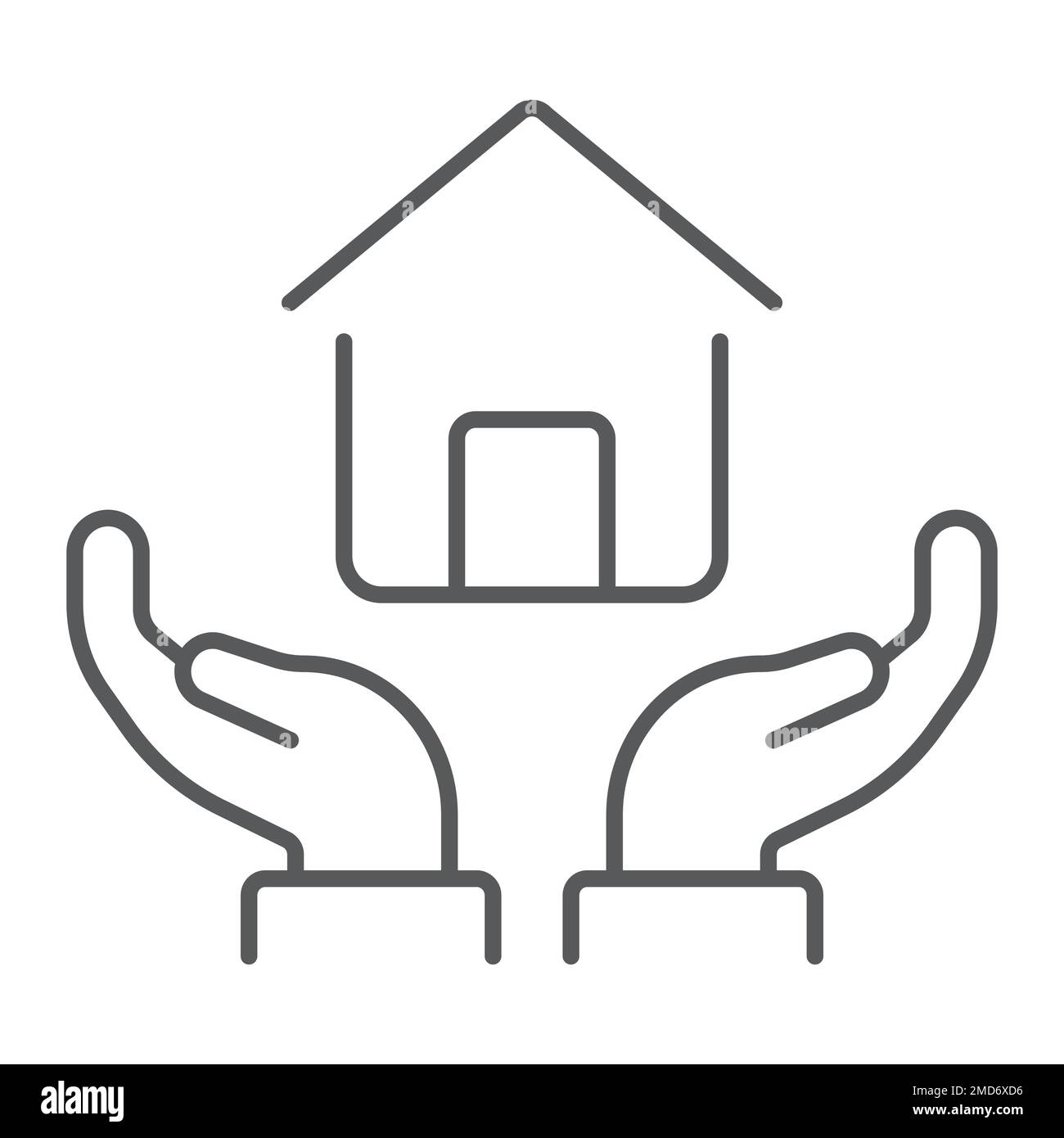Home in hands thin line icon, real estate and home, home protection ...