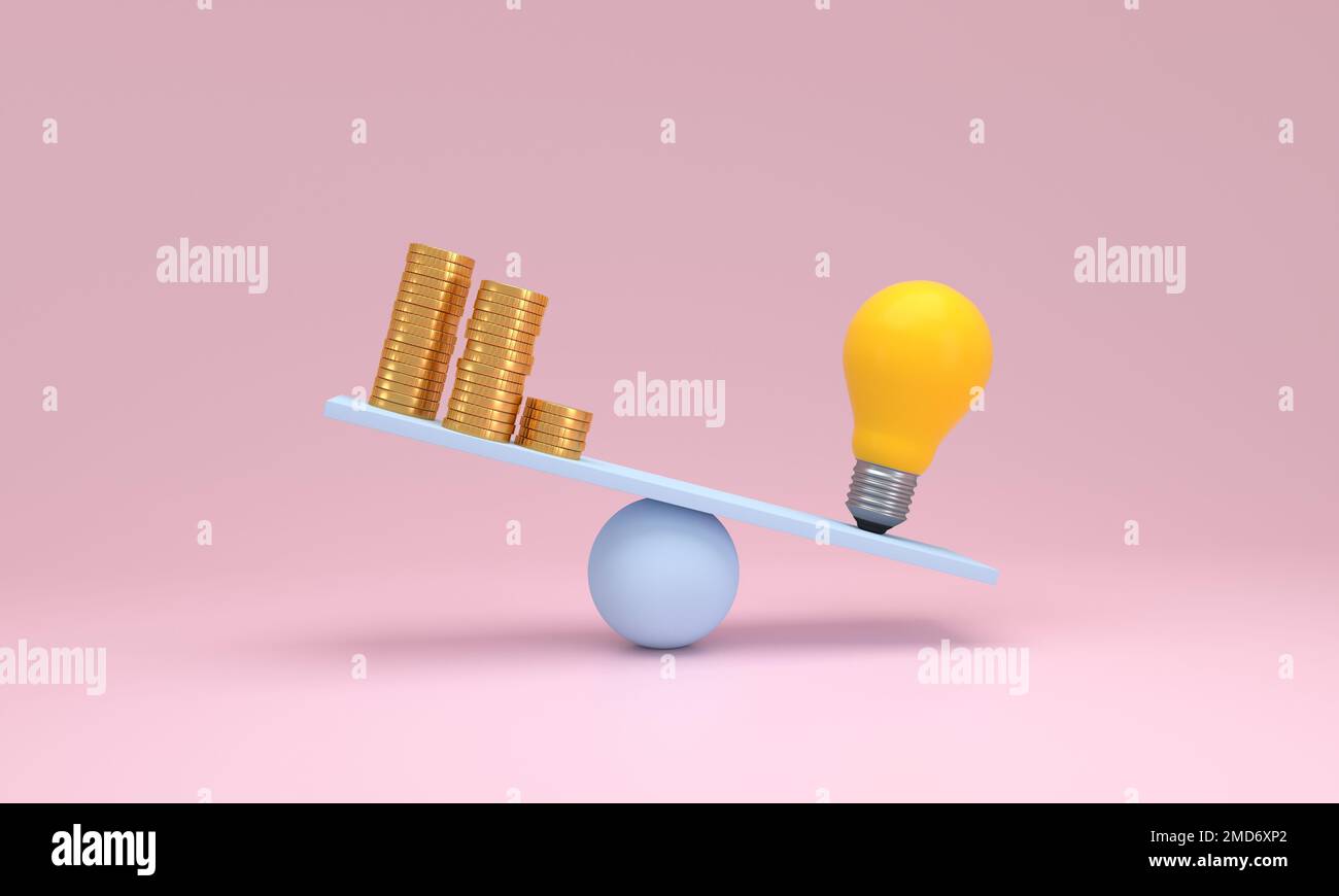 3D Balance Scales with Light Bulb and Money. Idea, success, business ...