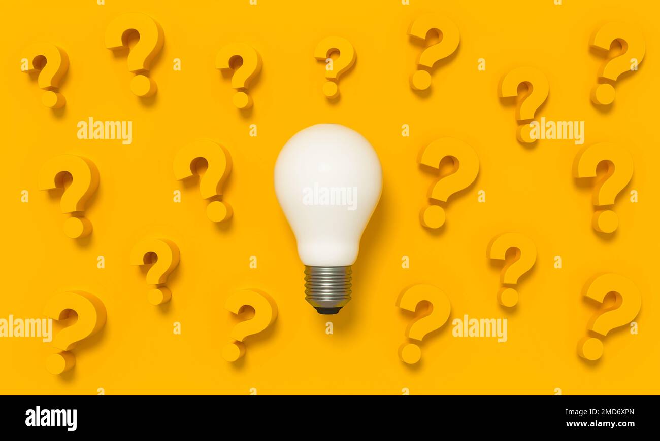 Light Bulb with question mark around on yellow background. 3d rendering ...