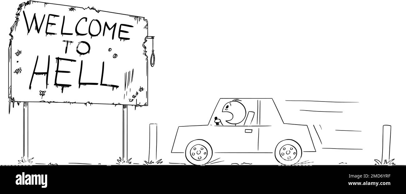 Car Moving Around Welcome to Hell Billboard , Vector Cartoon Stick ...