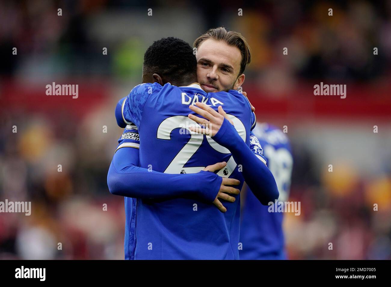 Leicester's James Maddison hugs Leicester's Patson Daka after winning ...