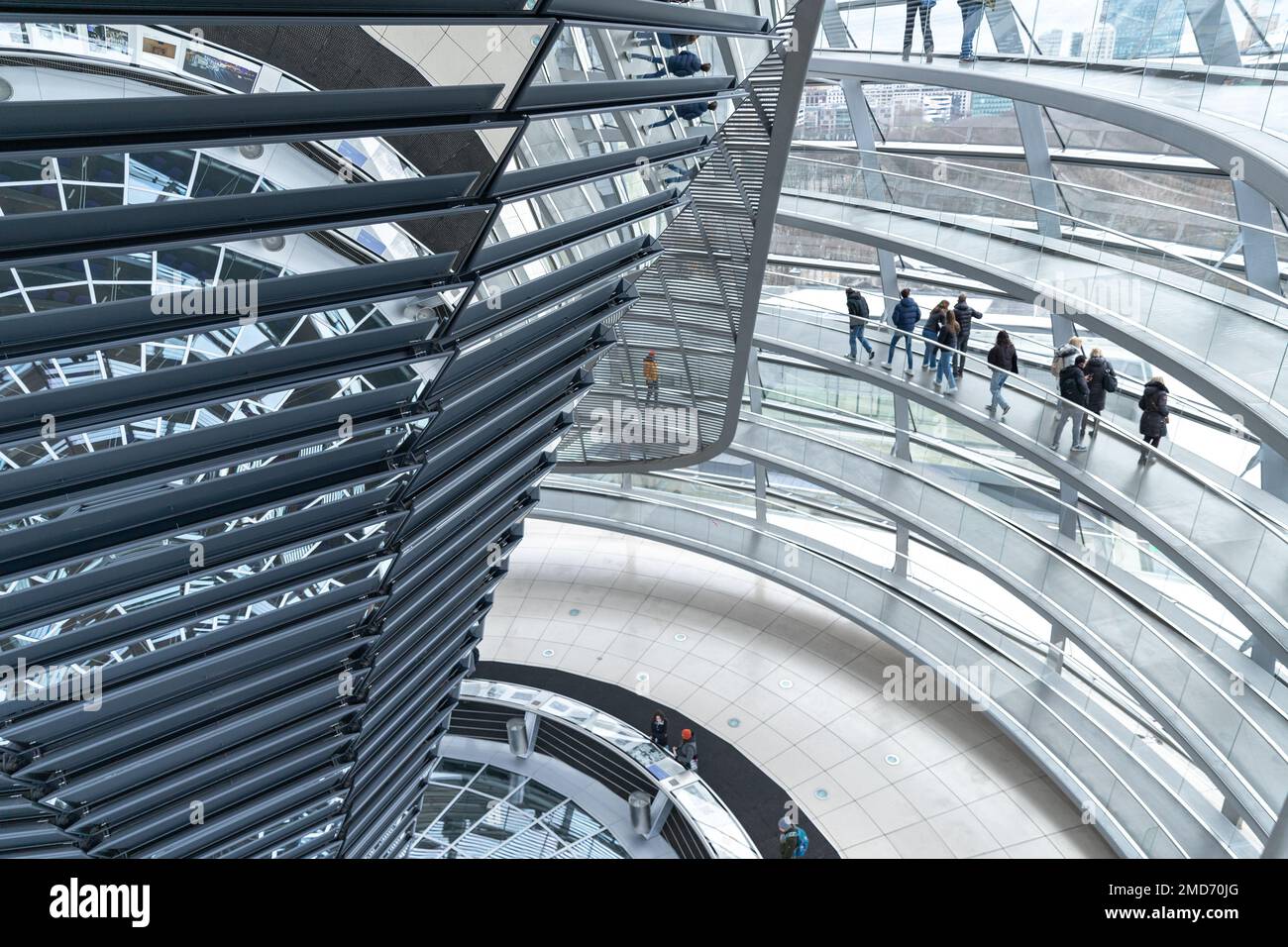 Inside the Bundestag dome. Tourists visit the parliament building of ...
