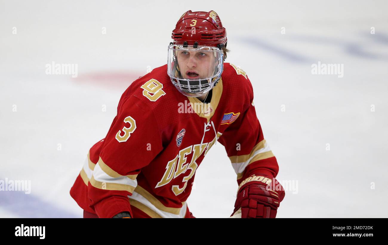 Denver's Antti Tuomisto (3) skates during the second period of an NCAA ...