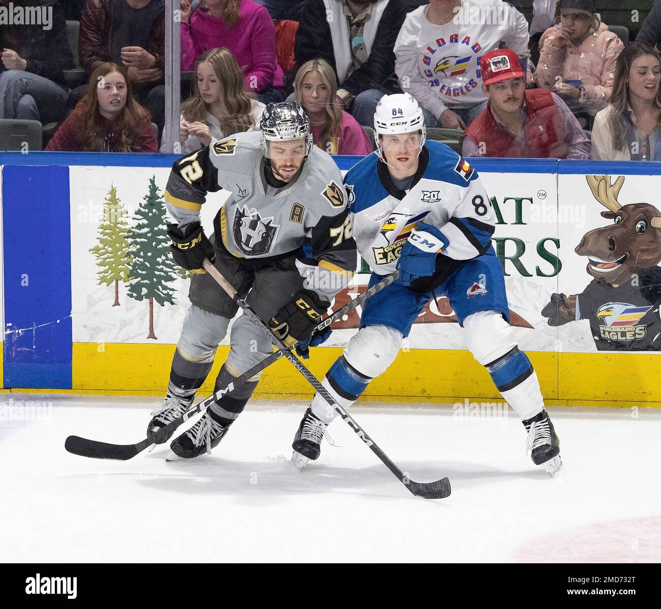 Loveland, Colorado, USA. 21st Jan, 2023. Eagles D NATE CLURMAN battles ...