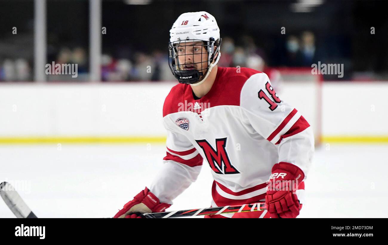 Miami (OH) forward Monte Graham (18) watches the puck in play during an ...