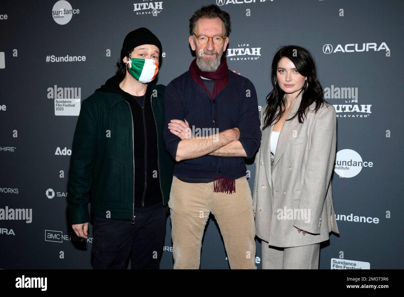 Joseph Gordon-Levitt, from left, John Carney and Eve Hewson attend the premiere of "Flora and ...