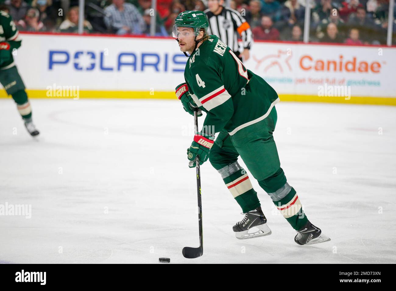 Minnesota Wild defenseman Jon Merrill plays during an NHL hockey game ...