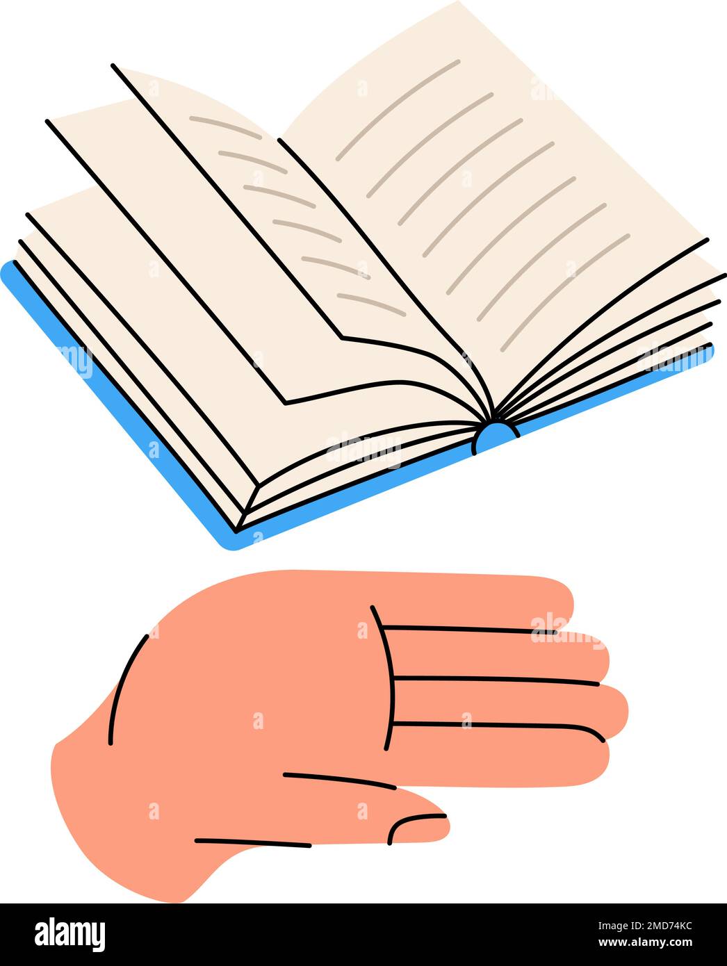 Hand with open book. Bookstore, library, book shop illustration. Read ...