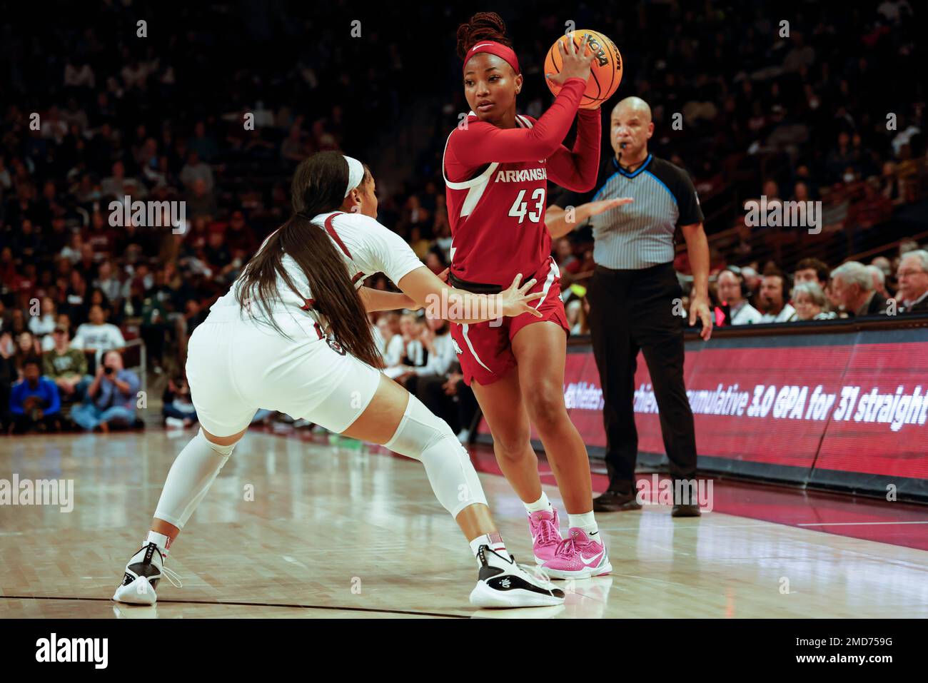 Arkansas guard Makayla Daniels (43) looks to pass the ball against ...