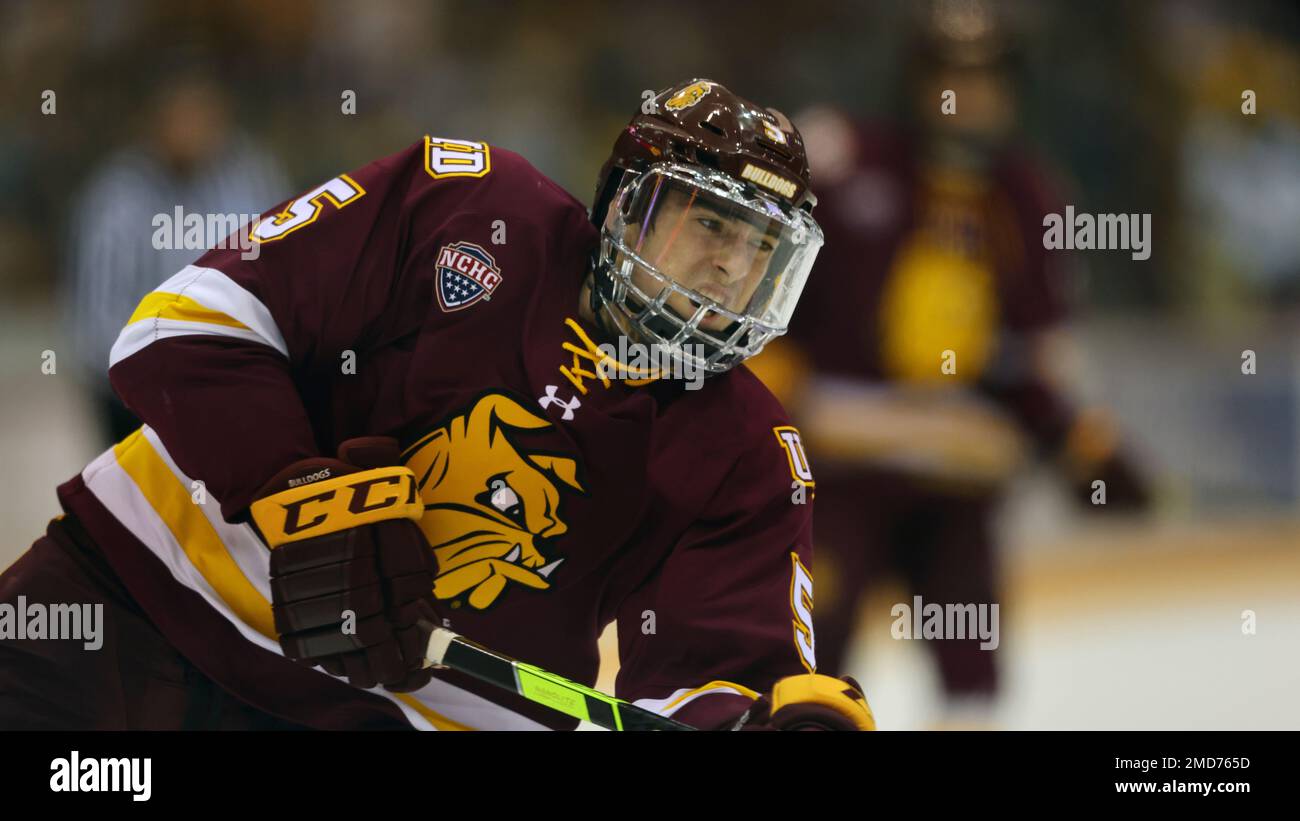 Minnesota Duluth defenseman Wyatt Kaiser (5) during an NCAA hockey game ...