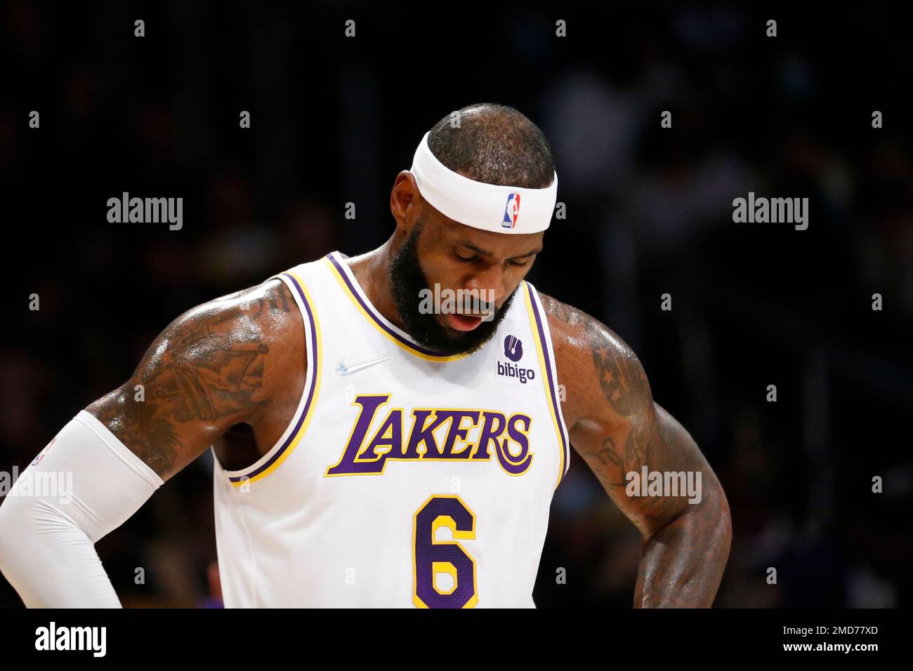 Los Angeles Lakers forward LeBron James (6) reacts against the Memphis ...