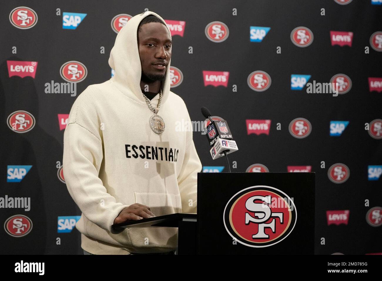 San Francisco 49ers wide receiver Deebo Samuel speaks after an NFL ...