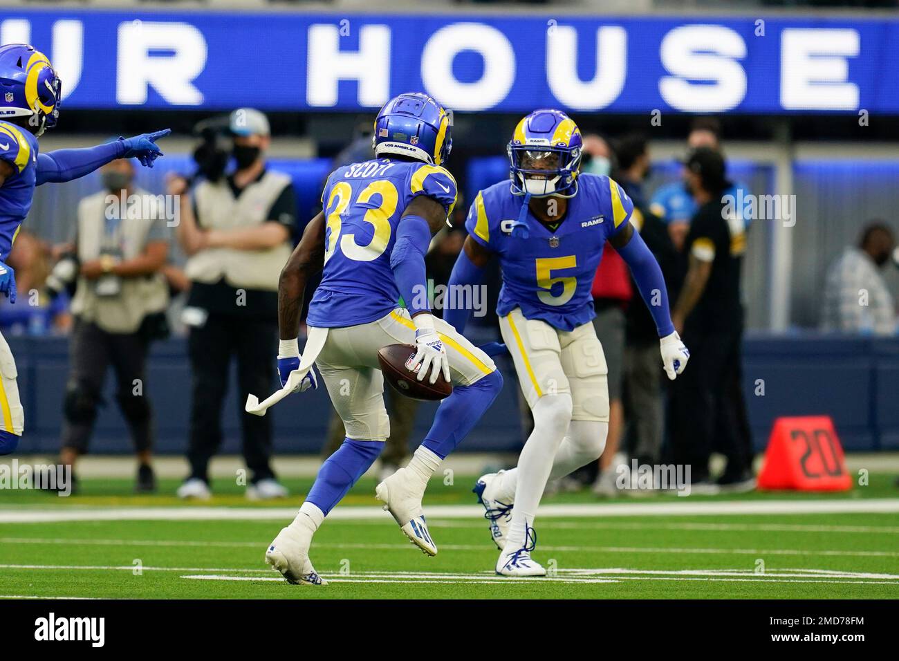 Los Angeles Rams safety Nick Scott (33) reacts with teammates after an ...