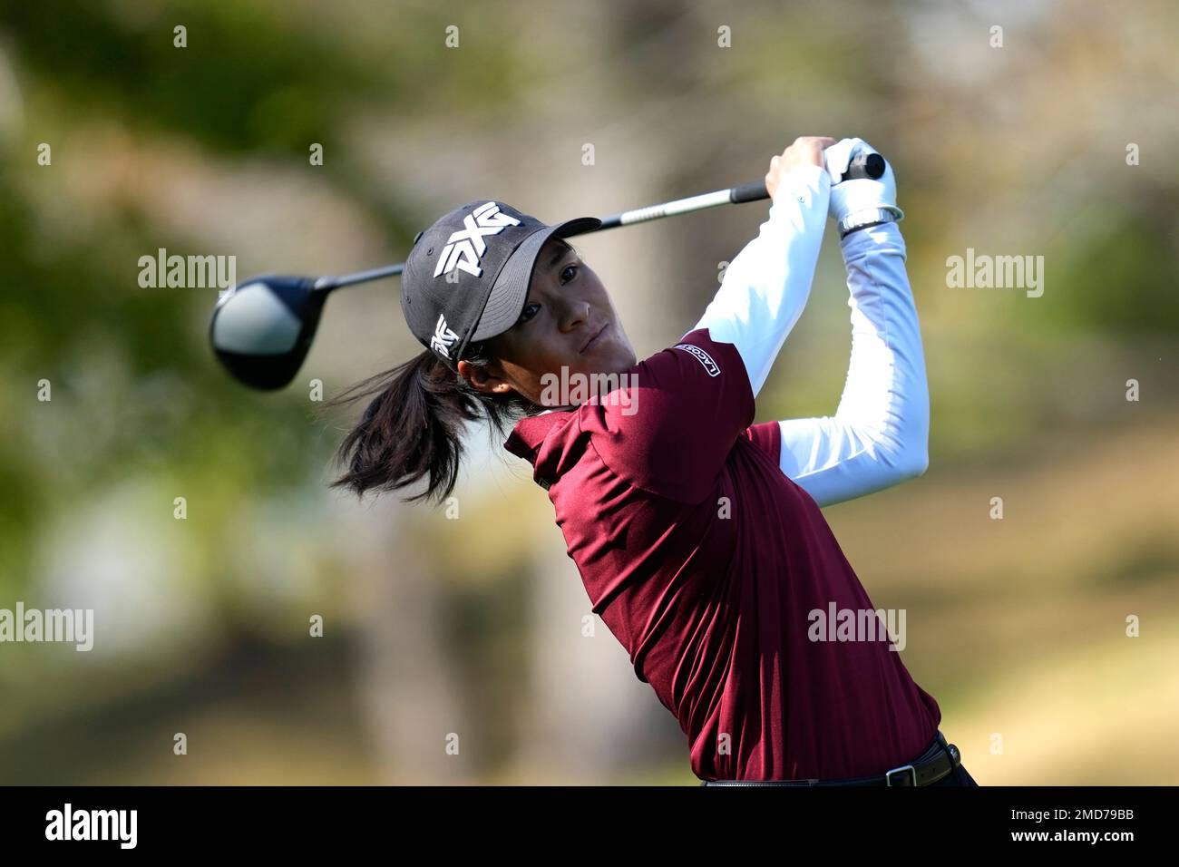 Celine Boutier of France watches her shot on the second hole during the ...